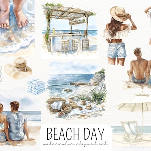 Beach Day Clipart, Summer Watercolor Clipart, Ocean Clipart, Beach ...