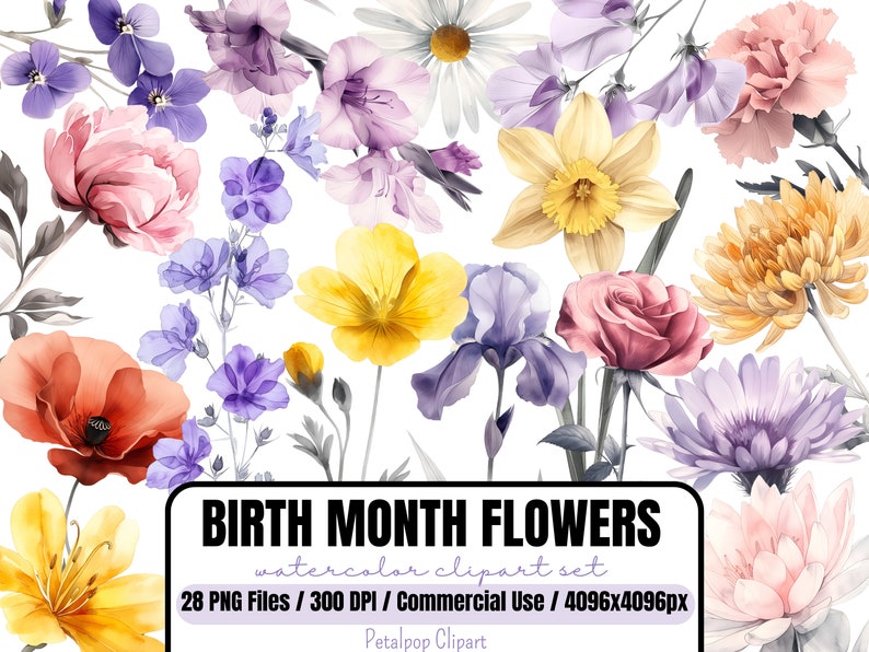 Birth Month Flowers Clipart, Watercolor Flowers, Personalized Gift ...