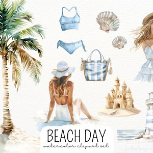 Beach Day Clipart, Summer Watercolor Clipart, Ocean Clipart, Beach ...
