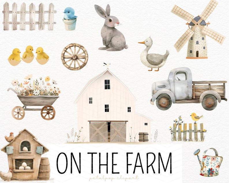 On the Farm Clipart Pack, Watercolor Farm Clipart, Nursery Clipart ...