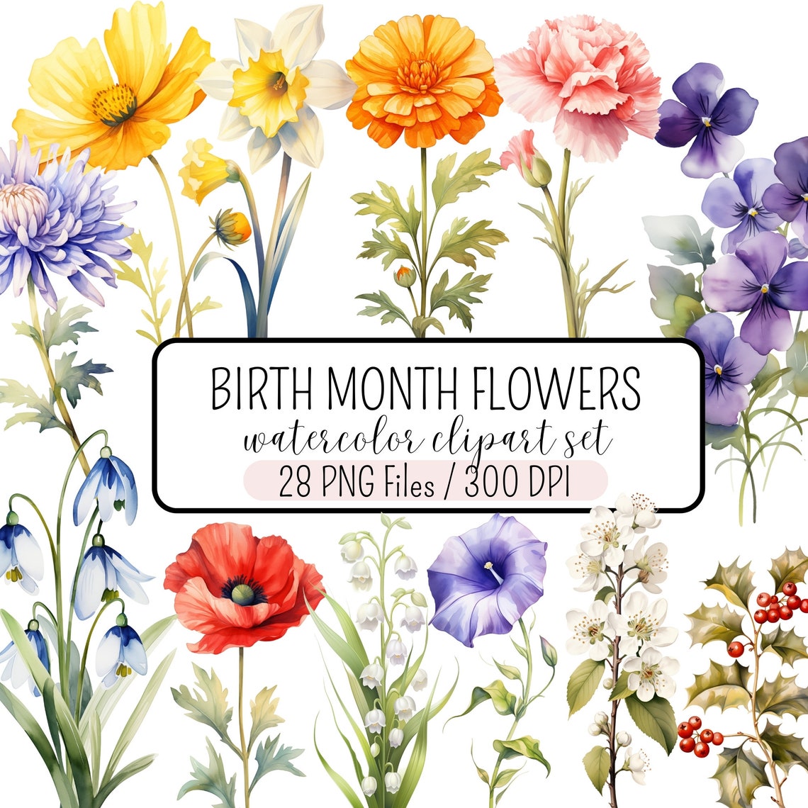 Birth Month Flowers Clipart, Birth Flower Bouquet for Personalized ...