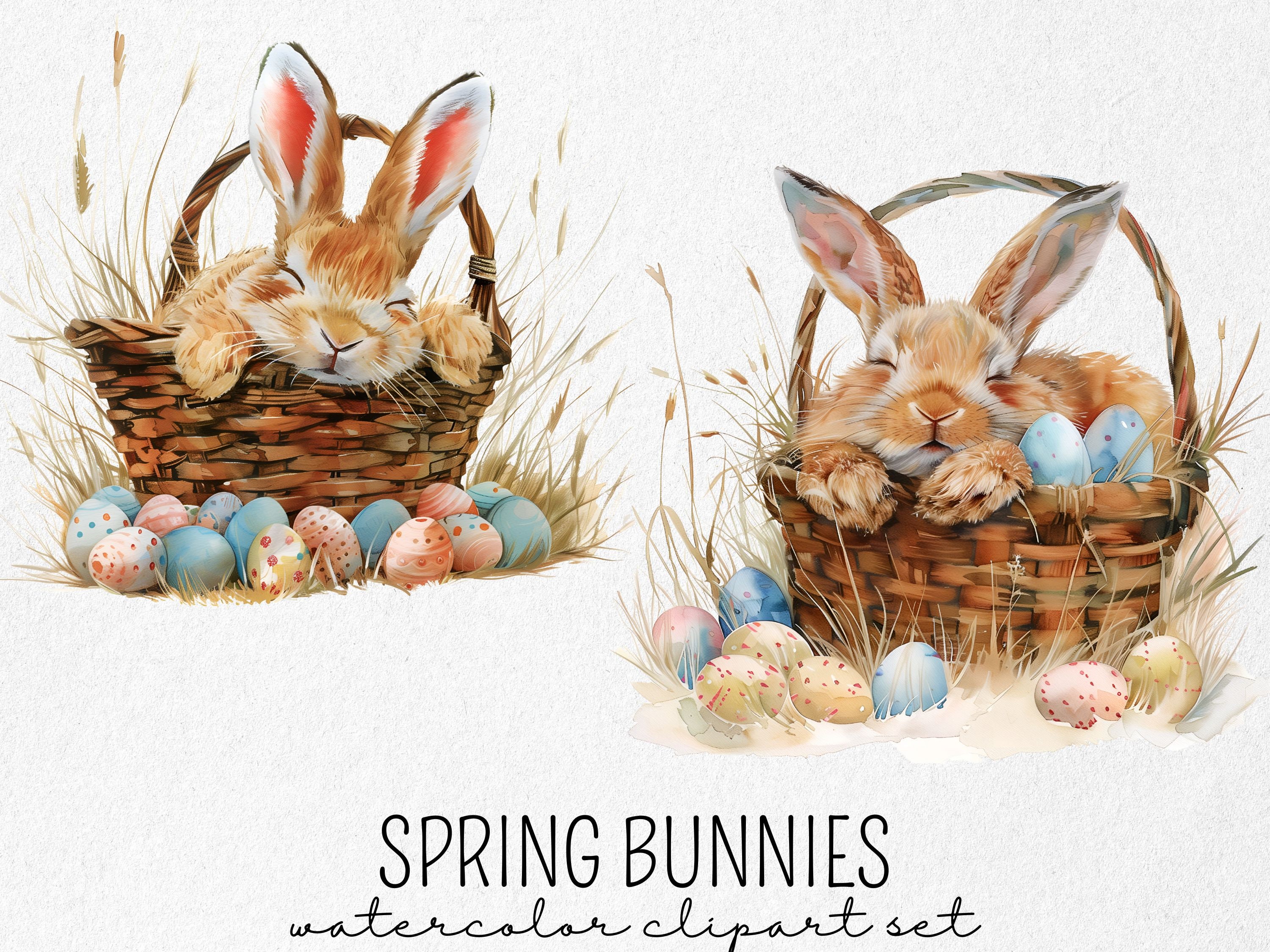 Spring Bunnies Clipart Set, Watercolor Bunnies, Easter Basket Clipart ...