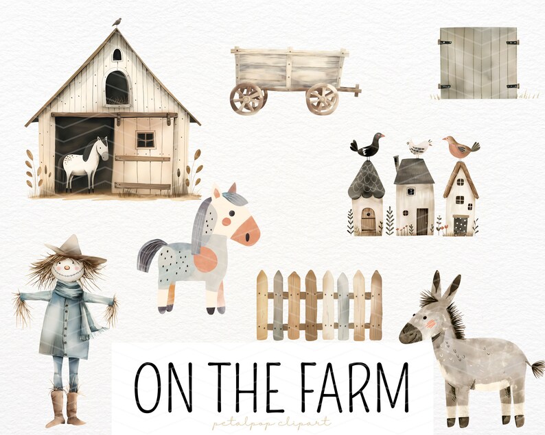 On the Farm Clipart Pack, Watercolor Farm Clipart, Nursery Clipart ...