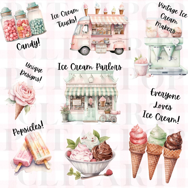 Ice Cream Clipart Set, Watercolor PNG, Ice Cream Candy, Dessert Clipart ...