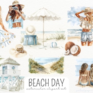 Beach Day Clipart, Summer Watercolor Clipart, Ocean Clipart, Beach ...