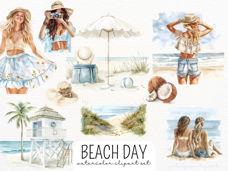 Beach Day Clipart, Summer Watercolor Clipart, Ocean Clipart, Beach ...