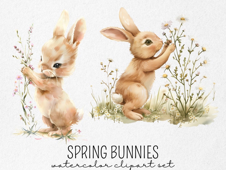 Spring Bunnies Clipart Set, Watercolor Bunnies, Easter Basket Clipart ...