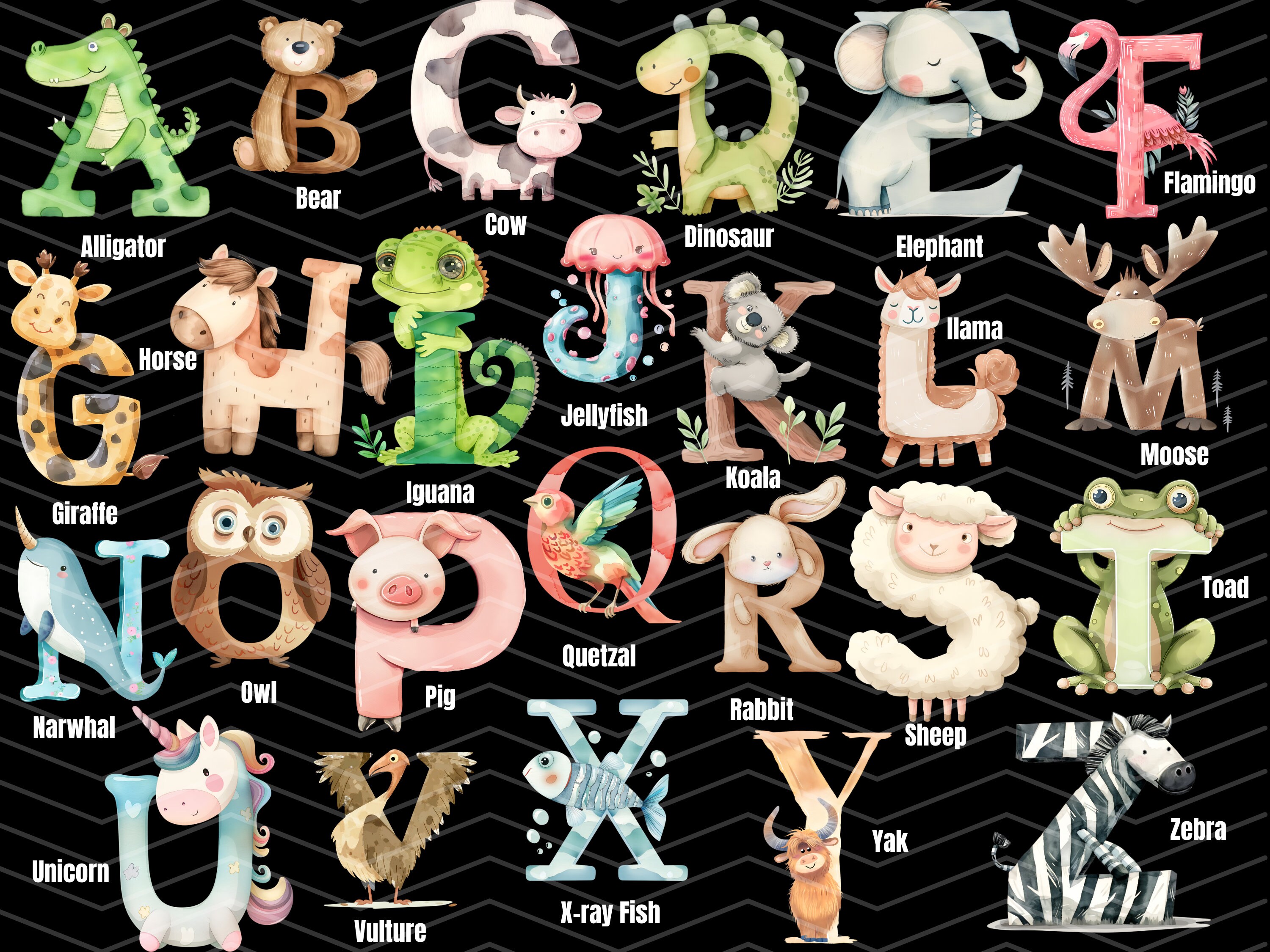 Alphabet Animal Clipart, Watercolor Clipart PNG, Fun Alphabet Letters ...