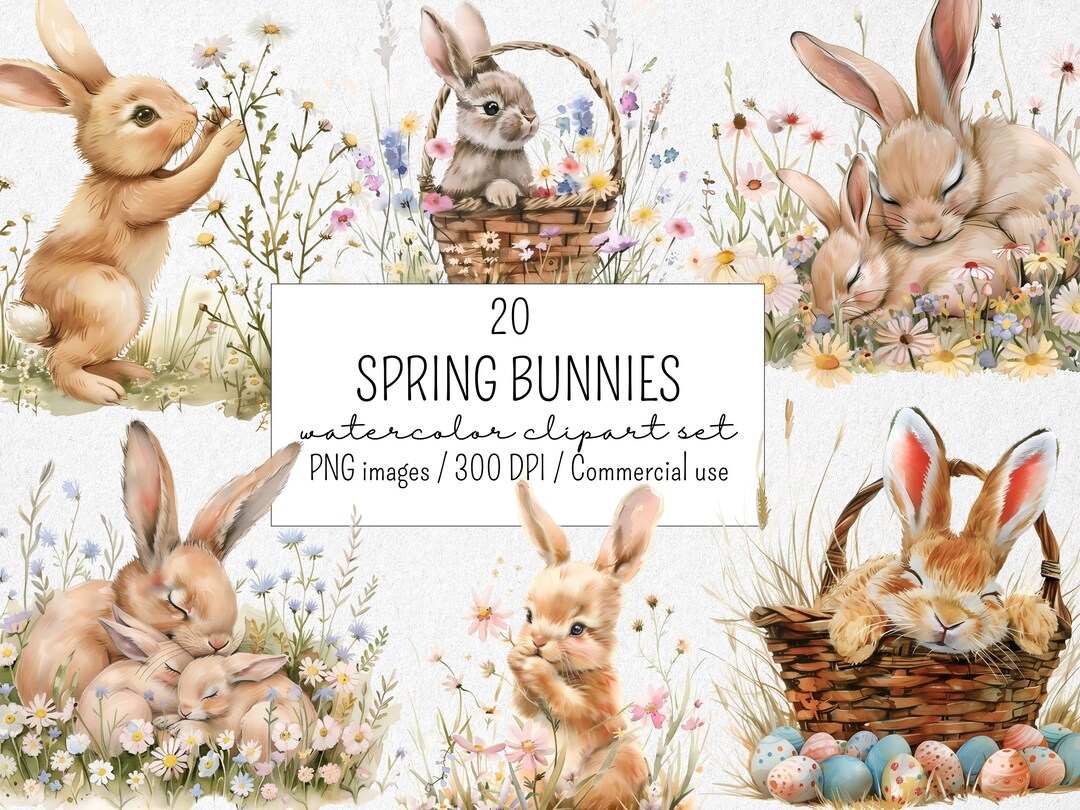 Spring Bunnies Clipart Set, Watercolor Bunnies, Easter Basket Clipart ...