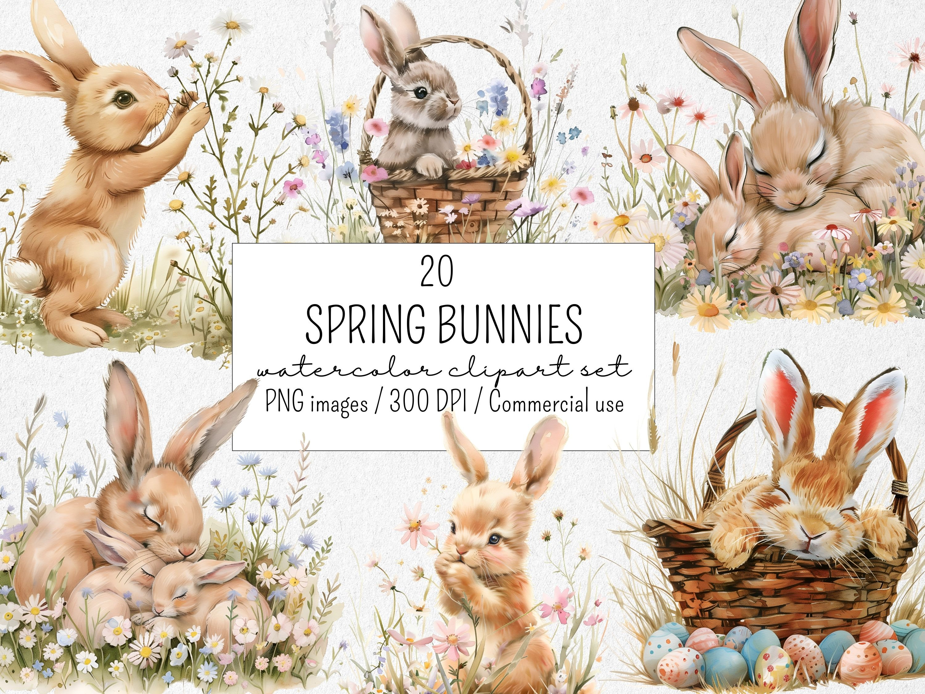 Spring Bunnies Clipart Set, Watercolor Bunnies, Easter Basket Clipart ...