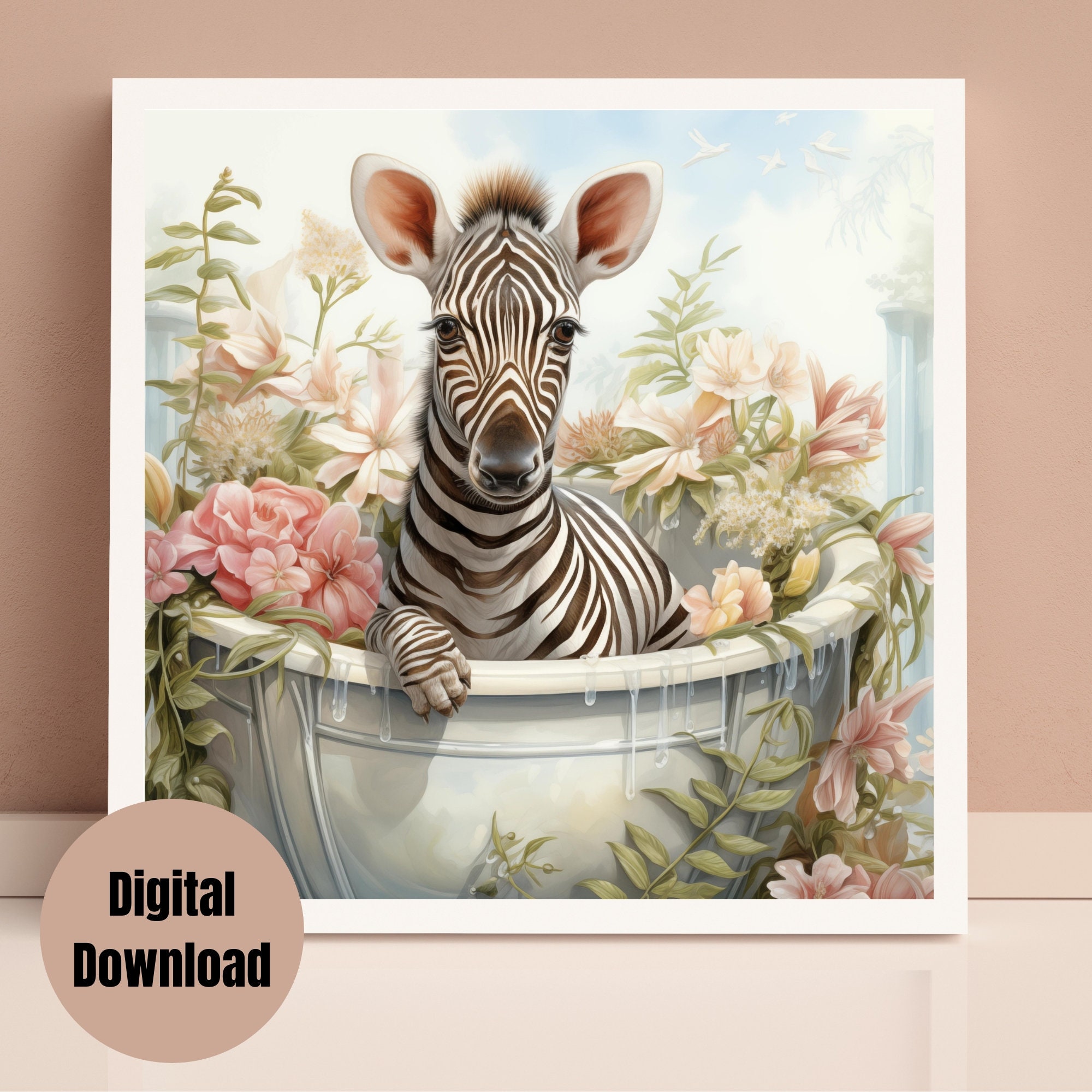 Zebra in Bath Printable Wall Art, Digital Download, Watercolor Painting ...