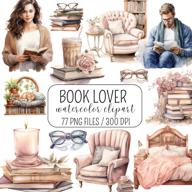 Book Lover Clipart, Watercolor Book Stacks Clipart, Flower PNG Graphics ...