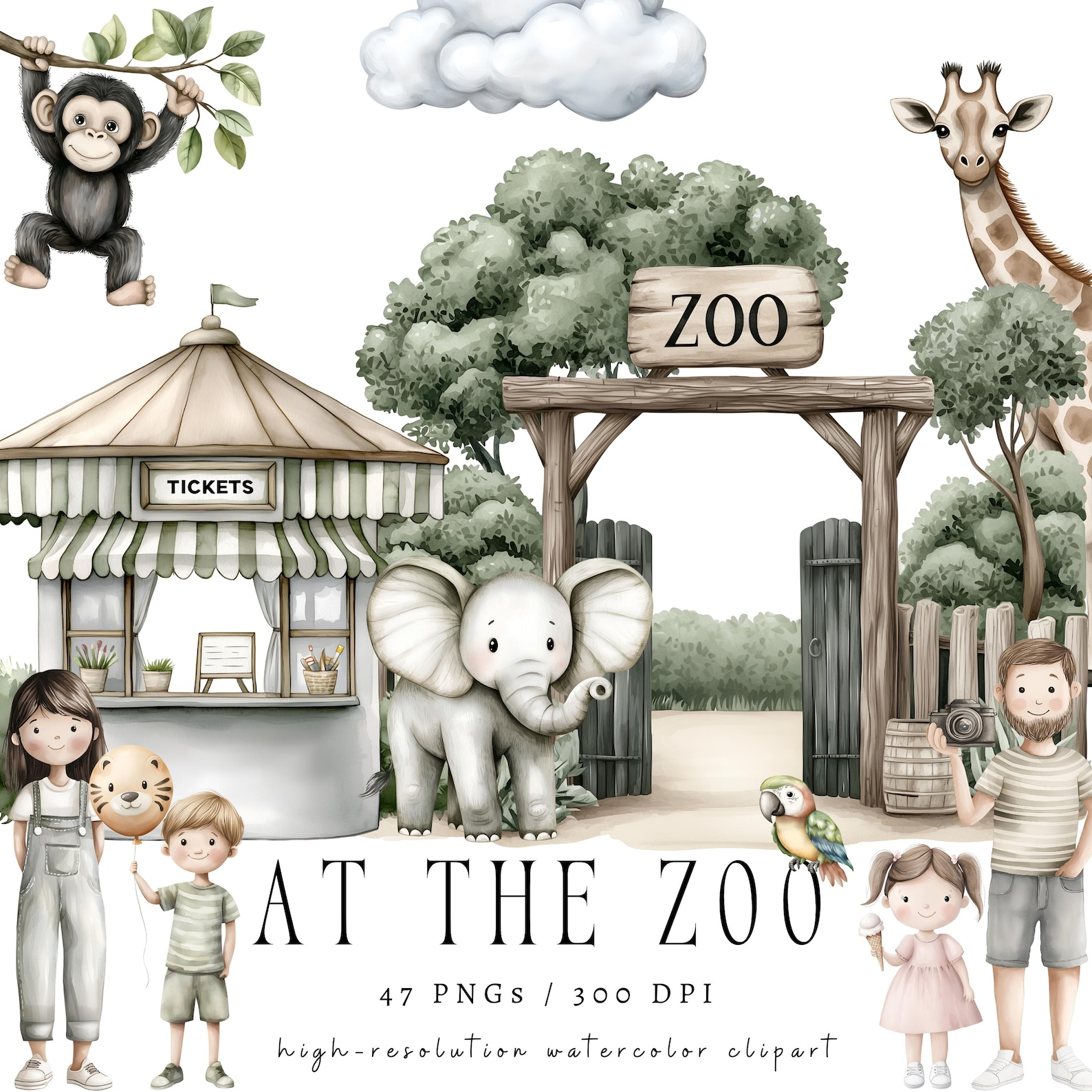 Zoo Clipart, Safari Animals Clipart, Cute Watercolor Clipart, Family ...