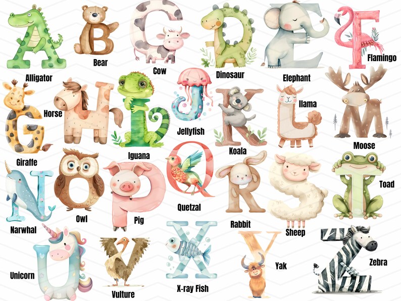 Alphabet Animal Clipart, Watercolor Clipart PNG, Fun Alphabet Letters ...