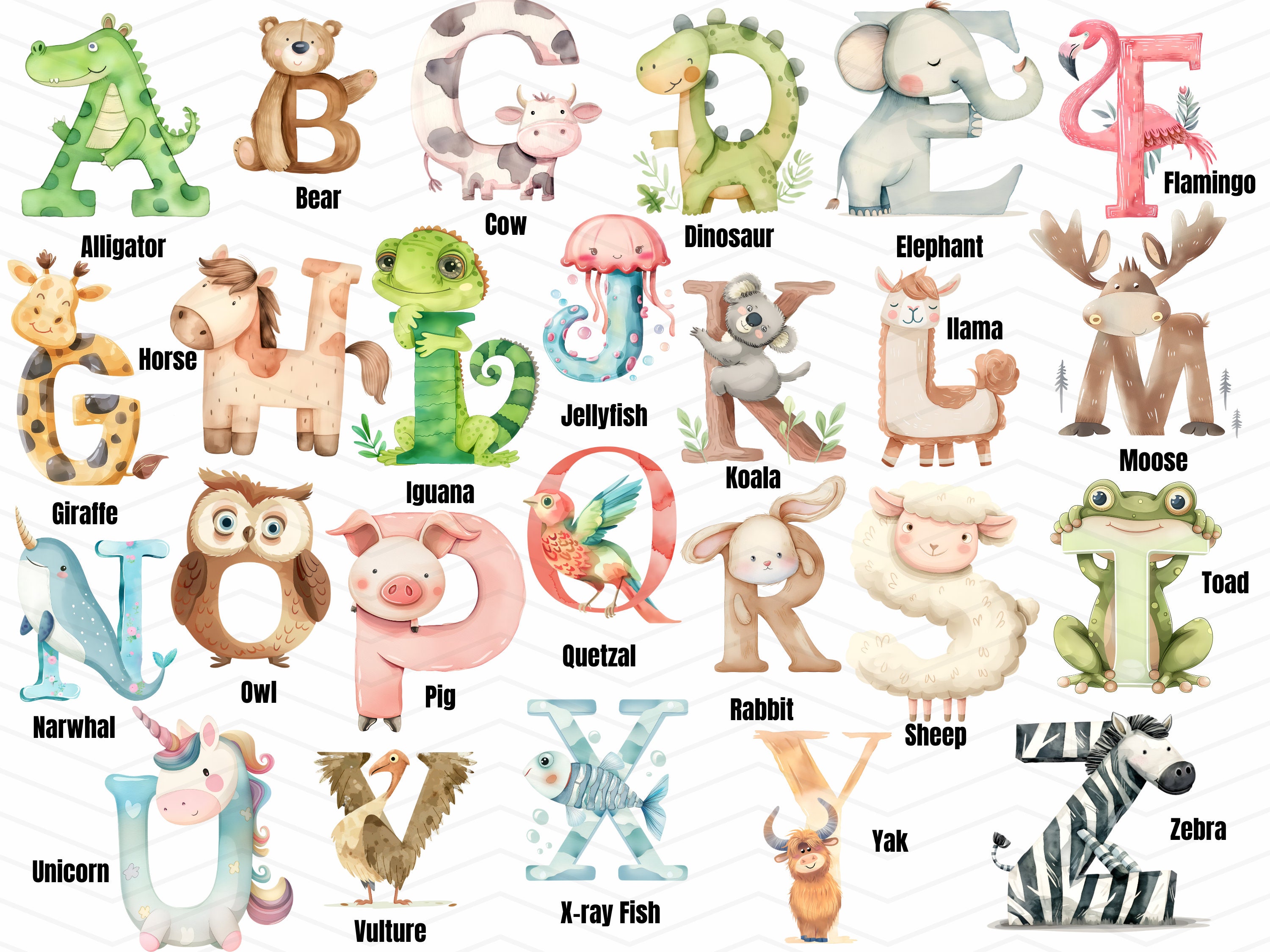 Alphabet Animal Clipart, Watercolor Clipart PNG, Fun Alphabet Letters ...