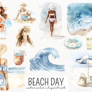 Beach Day Clipart, Summer Watercolor Clipart, Ocean Clipart, Beach ...