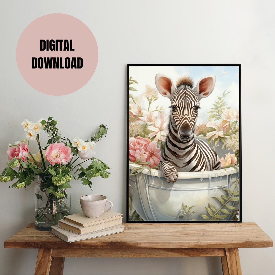 Zebra in Bath Printable Wall Art, Digital Download, Watercolor Painting ...