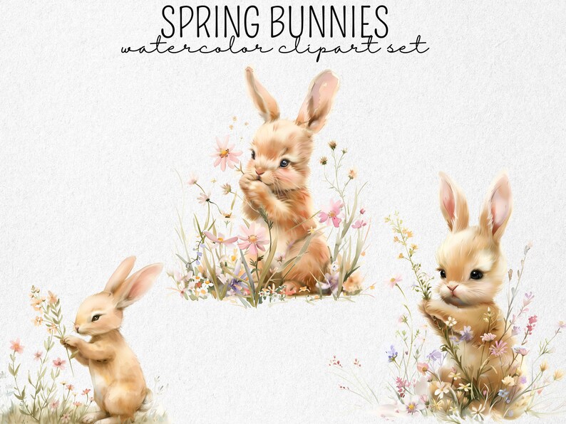 Spring Bunnies Clipart Set, Watercolor Bunnies, Easter Basket Clipart ...