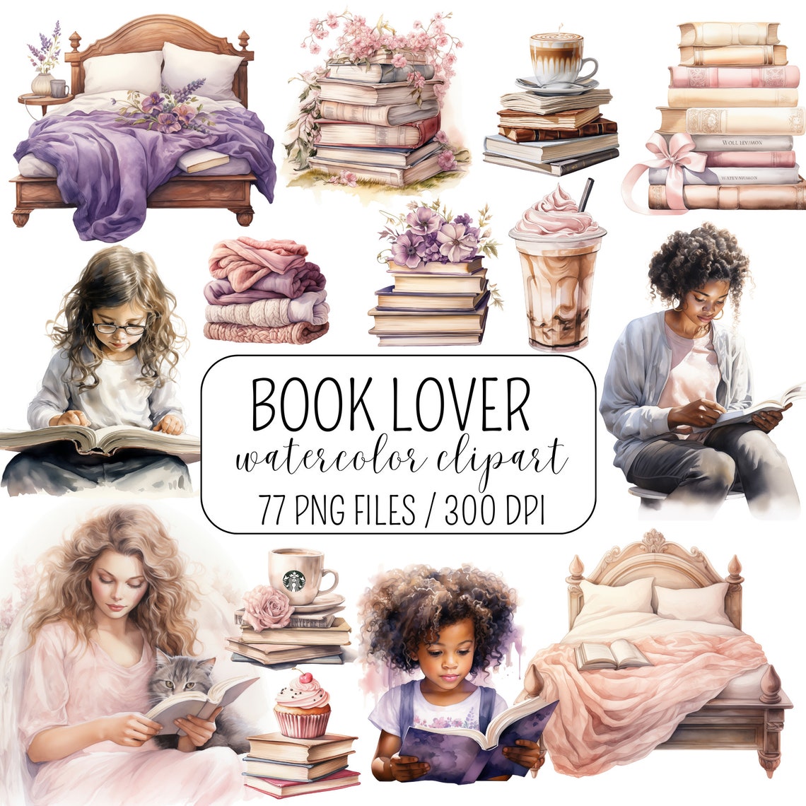 Book Lover Clipart, Watercolor Book Stacks Clipart, Flower PNG Graphics ...