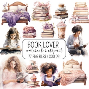 Book Lover Clipart, Watercolor Book Stacks Clipart, Flower PNG Graphics ...