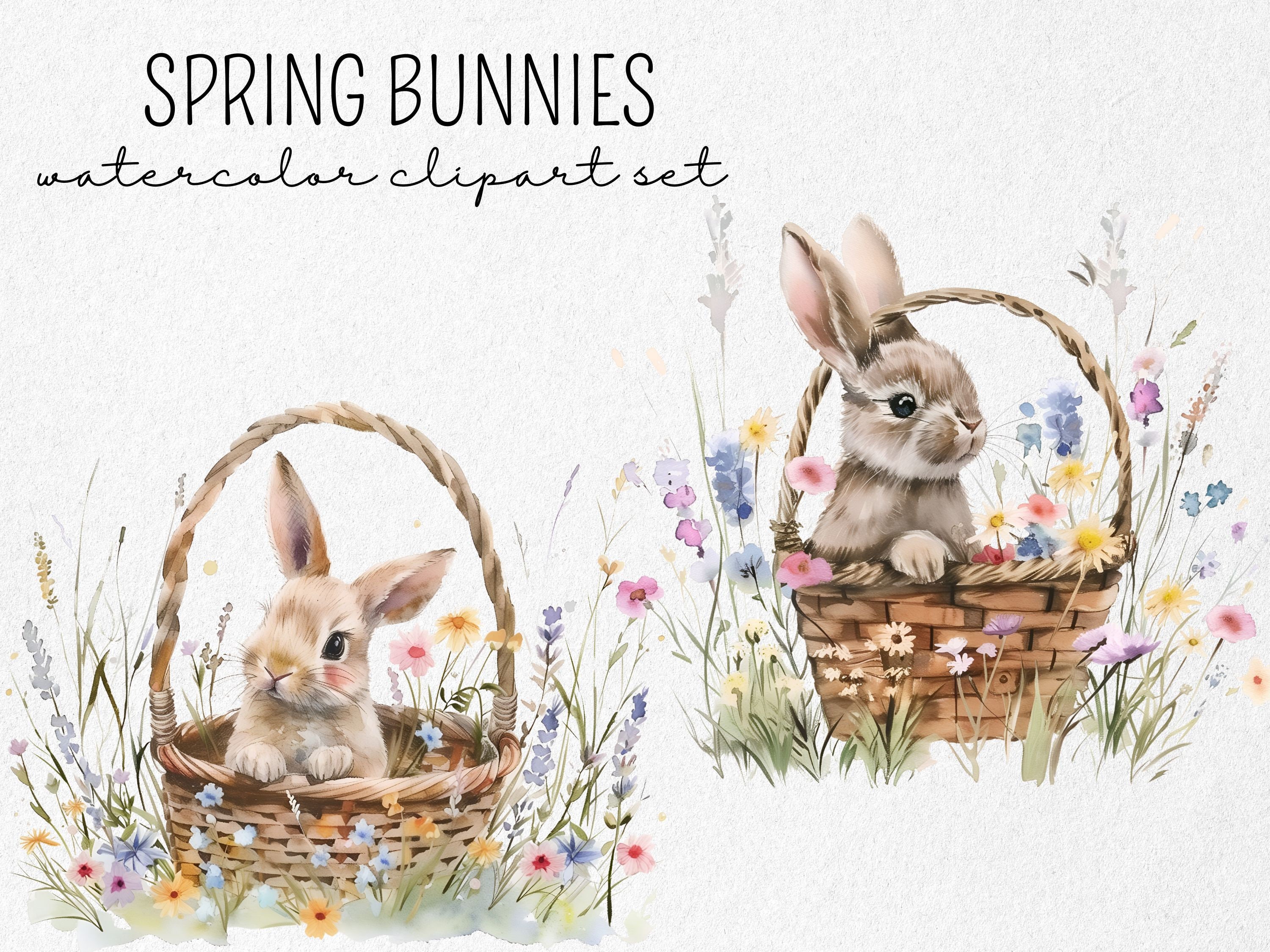 Spring Bunnies Clipart Set, Watercolor Bunnies, Easter Basket Clipart ...