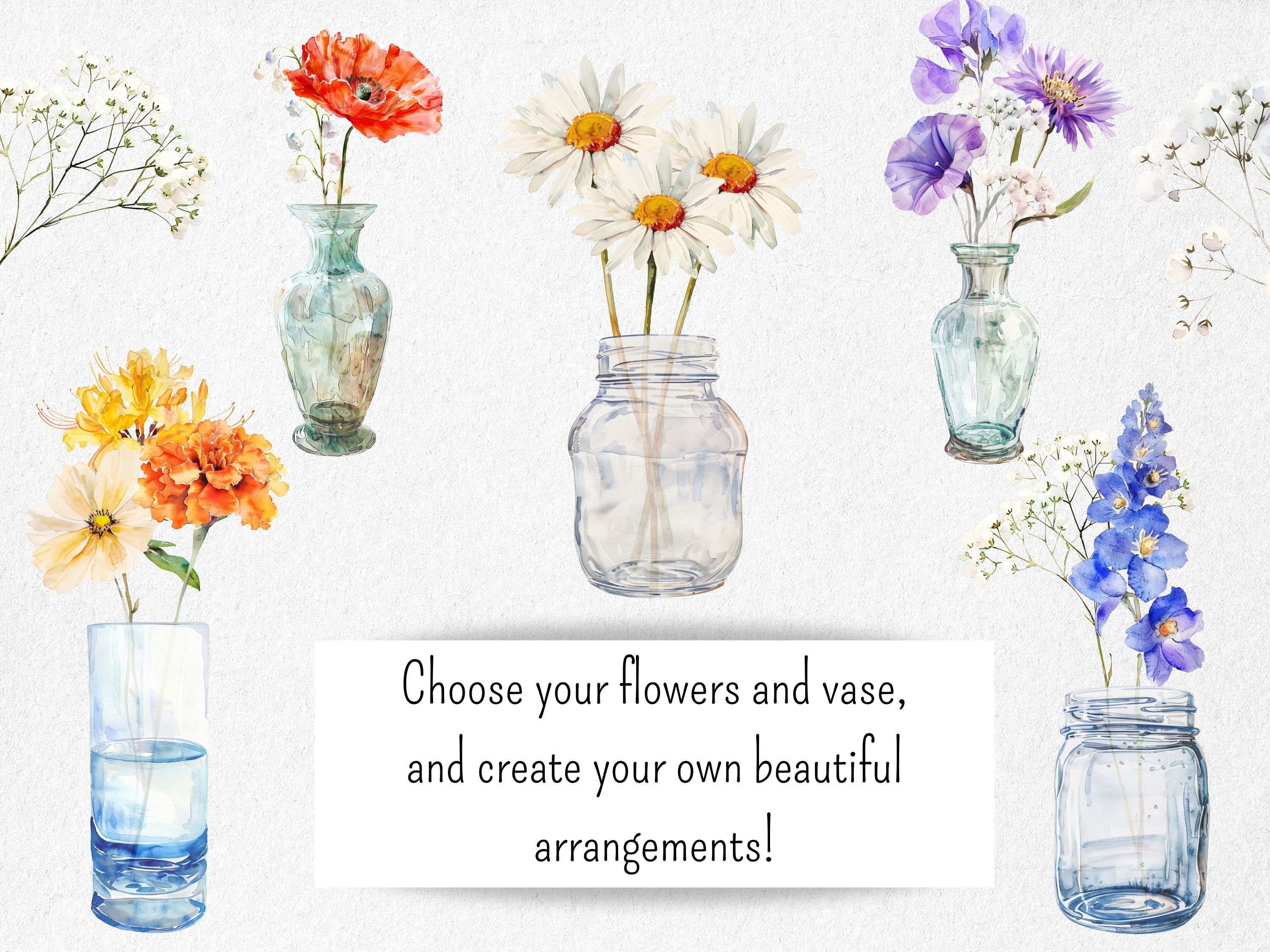 Birth Month Flowers Clipart, Flower Vases, Birth Flower Bouquet for ...