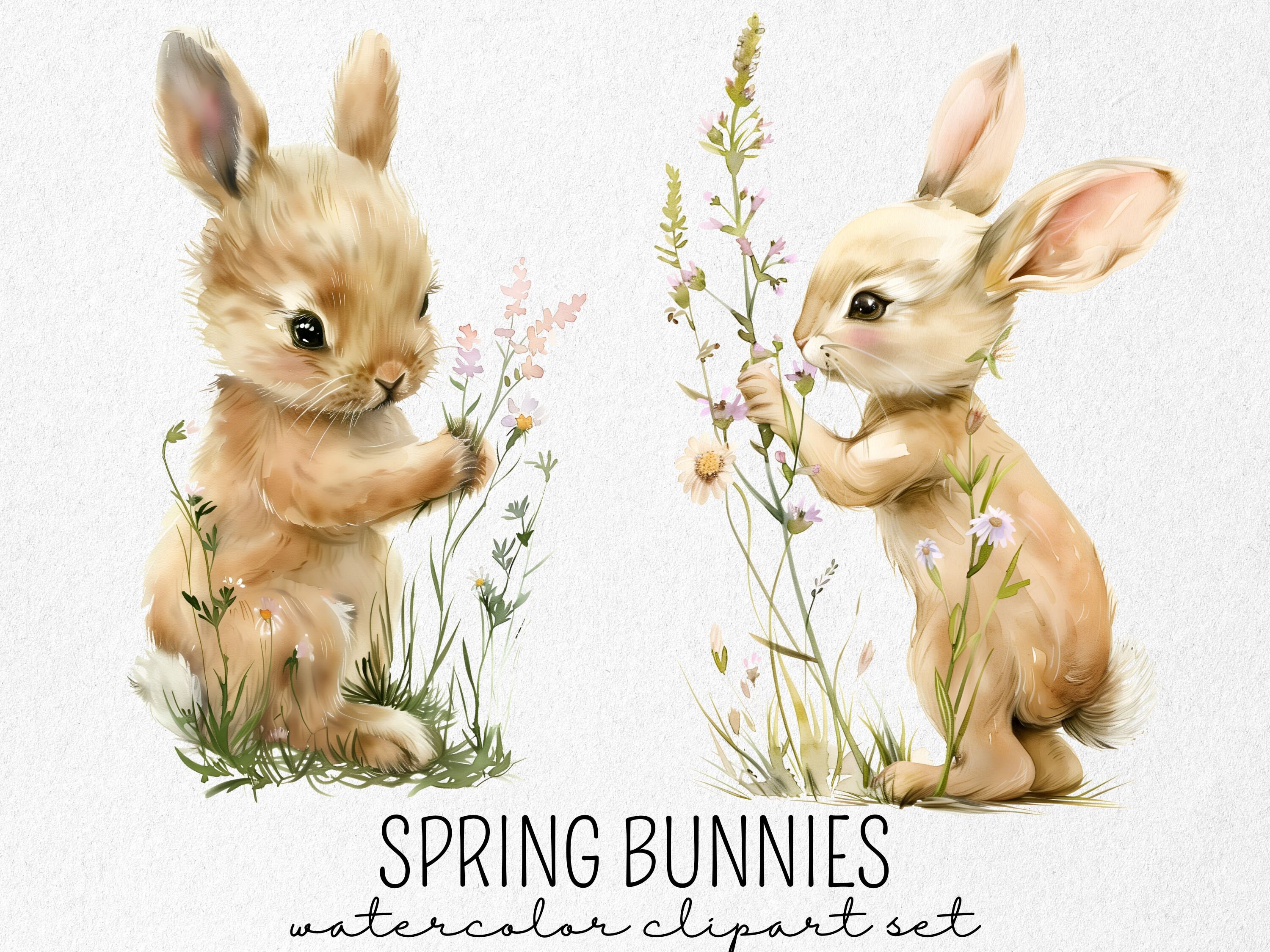 Spring Bunnies Clipart Set, Watercolor Bunnies, Easter Basket Clipart ...