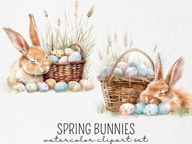 Spring Bunnies Clipart Set, Watercolor Bunnies, Easter Basket Clipart ...