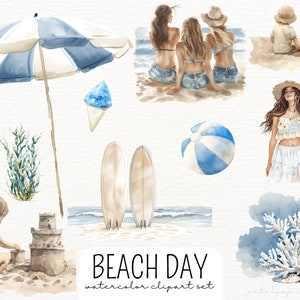 Beach Day Clipart, Summer Watercolor Clipart, Ocean Clipart, Beach ...