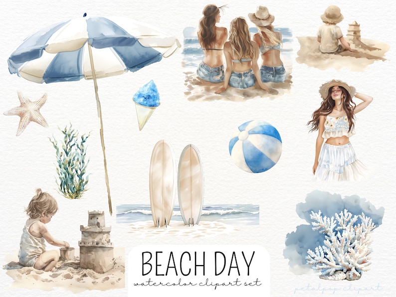 Beach Day Clipart, Summer Watercolor Clipart, Ocean Clipart, Beach ...