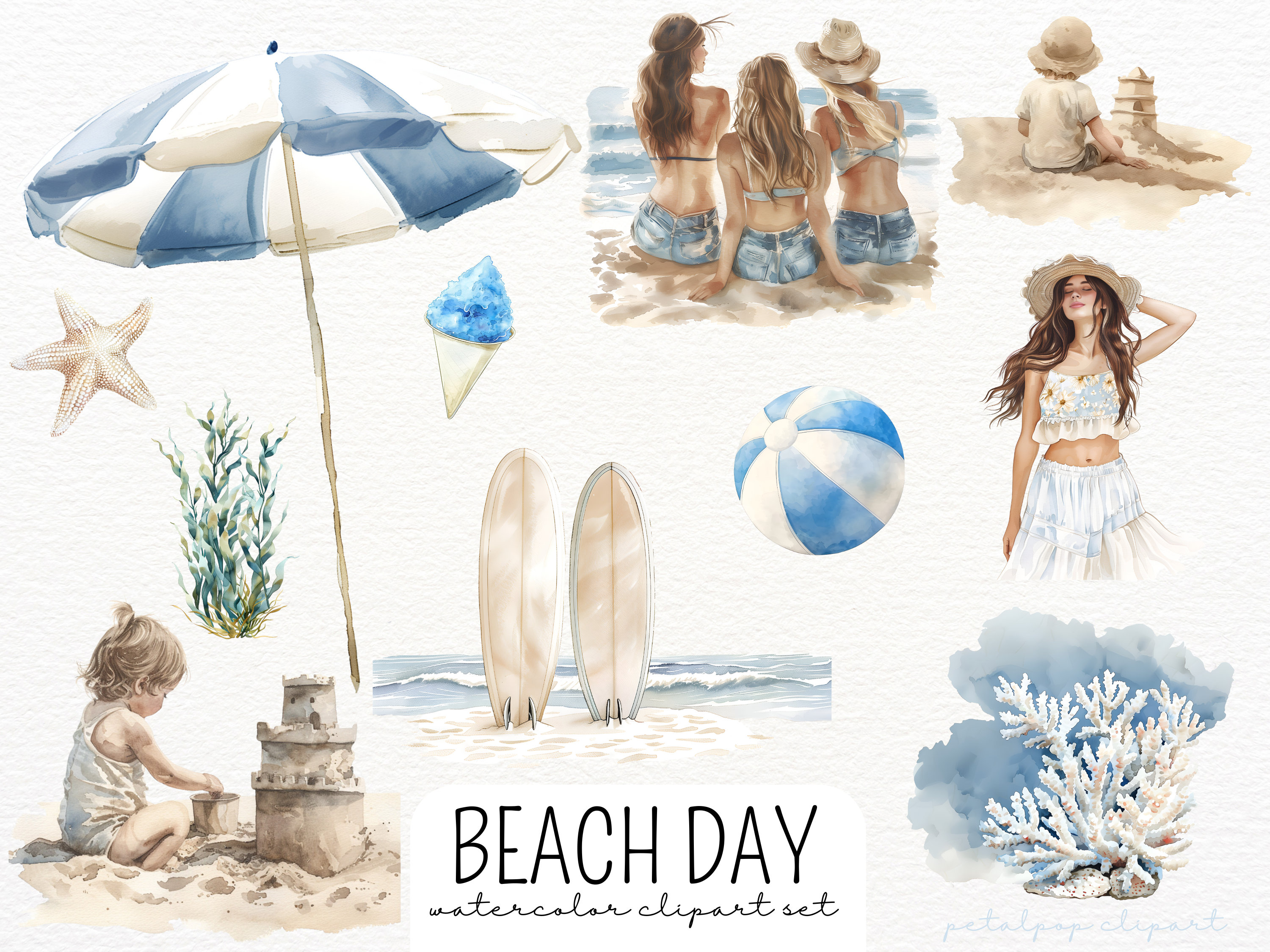 Beach Day Clipart, Summer Watercolor Clipart, Ocean Clipart, Beach ...
