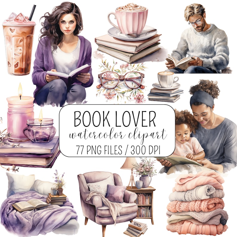 Book Lover Clipart, Watercolor Book Stacks Clipart, Flower PNG Graphics ...