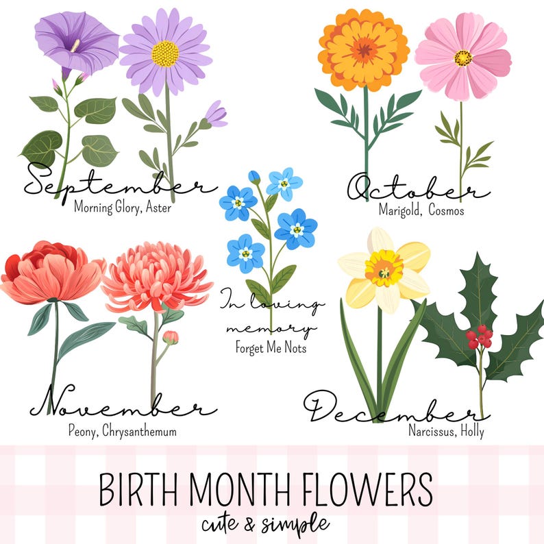 Birth Month Flowers Clipart Set, Cute and Simple Flowers, Monthly ...