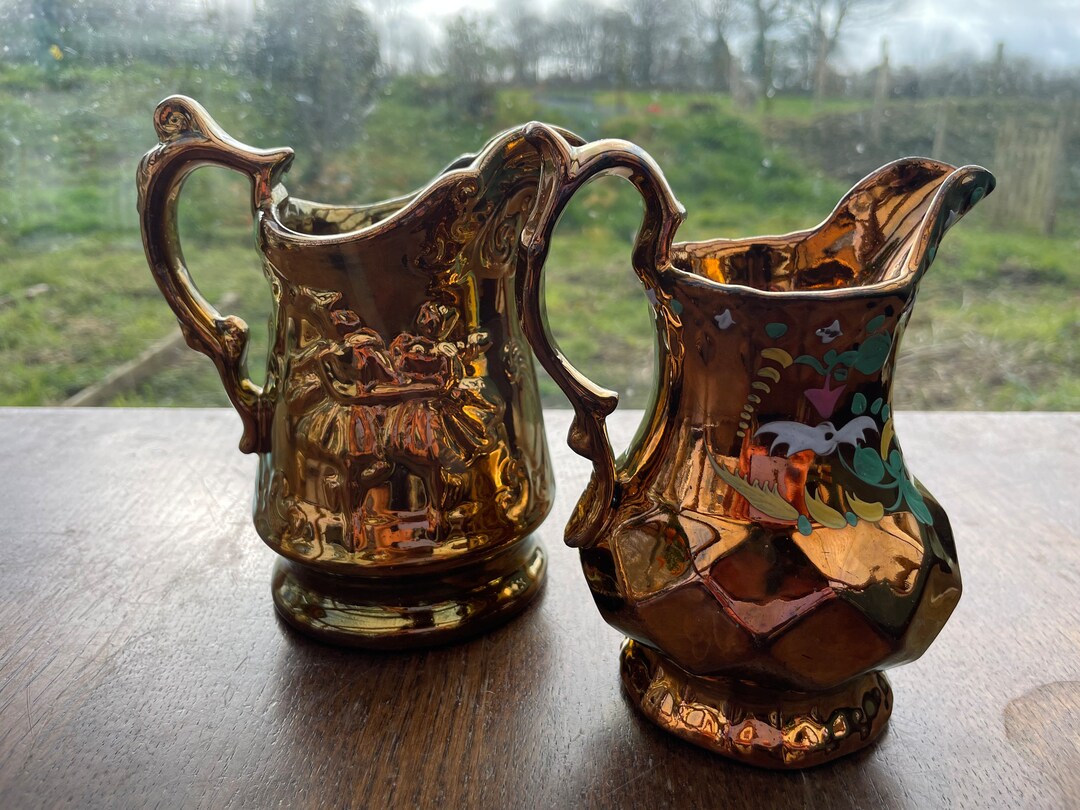 A Pair of Victorian Lustreware Hand Painted Pitcher Jugs. - Etsy