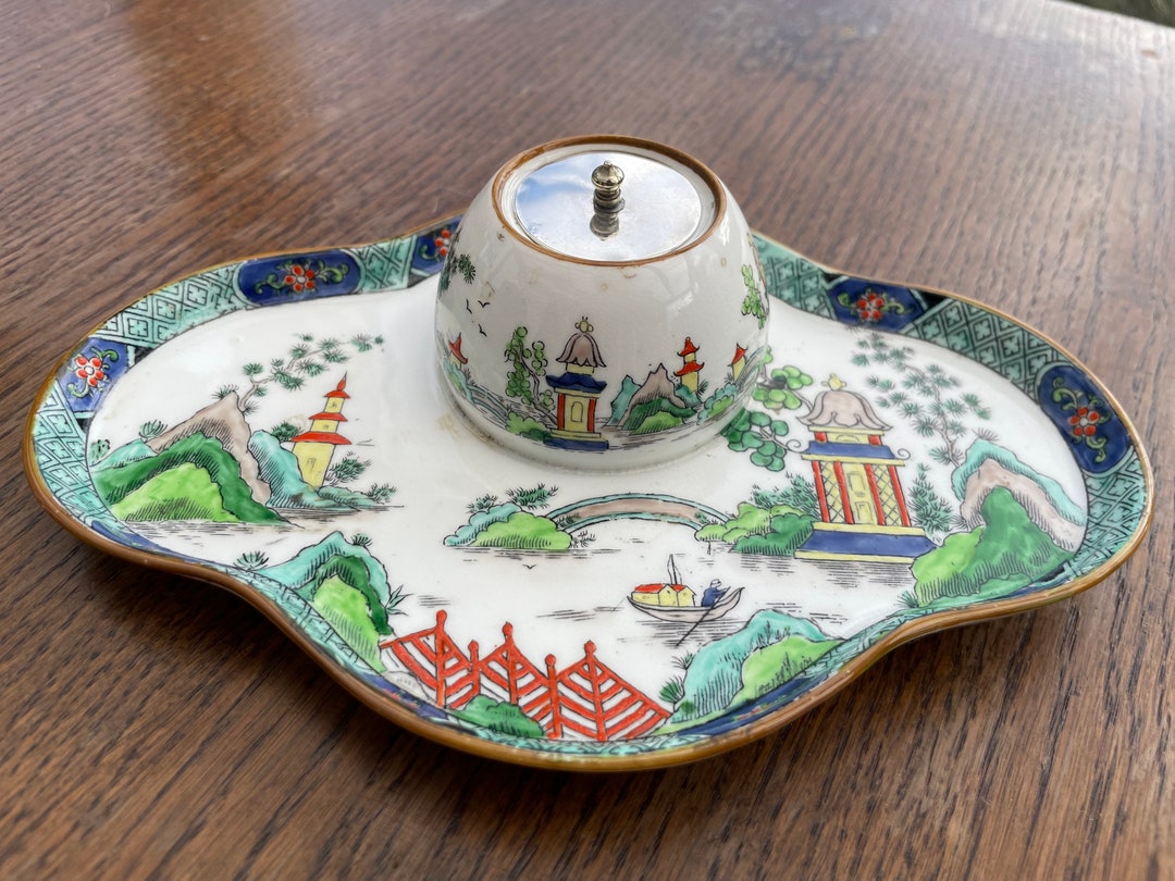 Crown Staffordshire Ceramic Inkwell for Thomas Goode Mayfair Silver Lid ...