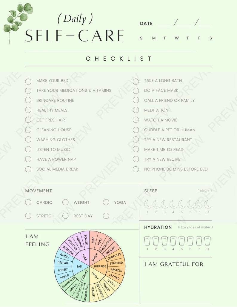 Eucalyptus Self-care Checklist Printable: Wellness & Habit Tracker (PDF) - Etsy