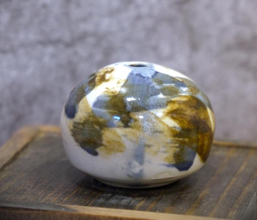 Calico Teal and Brushed Iron Ochre Bud Vase Floating Painting Style ...