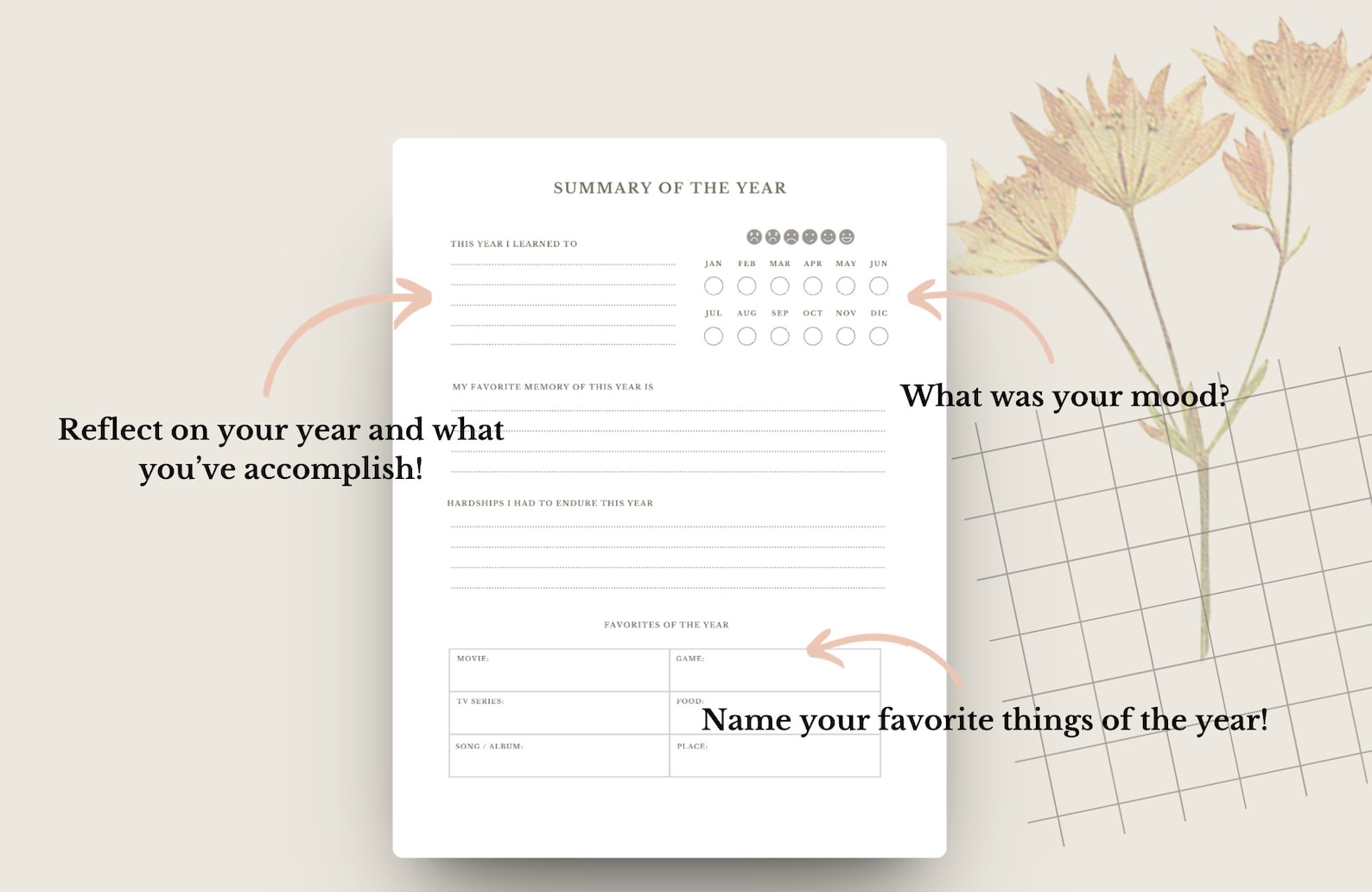 PRINTABLE PDF Year in Review Summary of the Year Reflections - Etsy