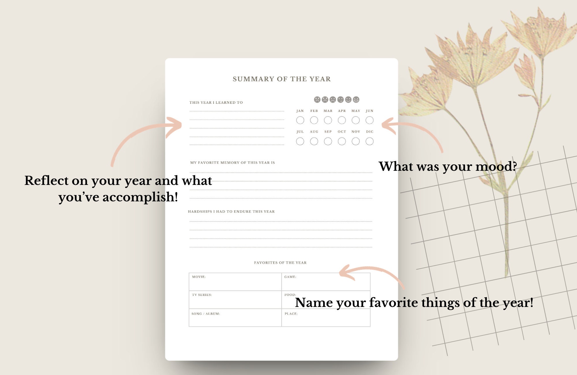 PRINTABLE PDF Year in Review Summary of the Year Reflections - Etsy