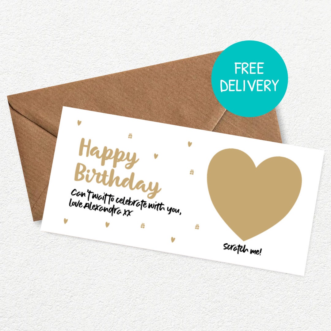 Personalised Luxury Birthday Scratch Card, Birthday Gift | Gold Heart ...