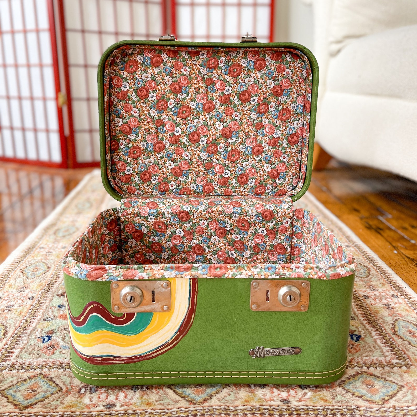 Groovy Mid-century Retro Painted Train Case With Reupholstere Floral ...