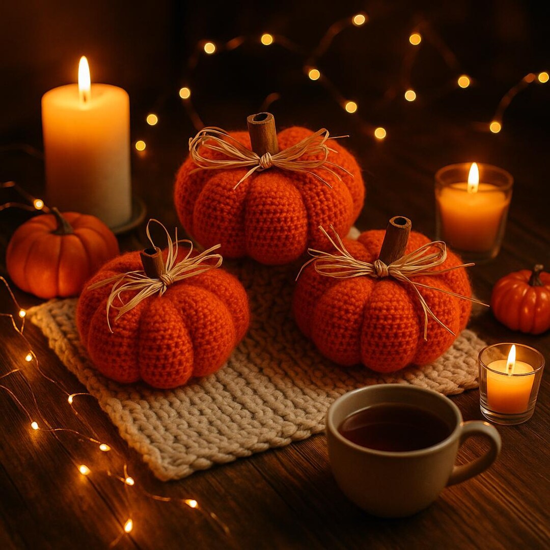 Handmade Knitted Pumpkin Set: Colorful Crochet Fall Decor With Cinnamon ...