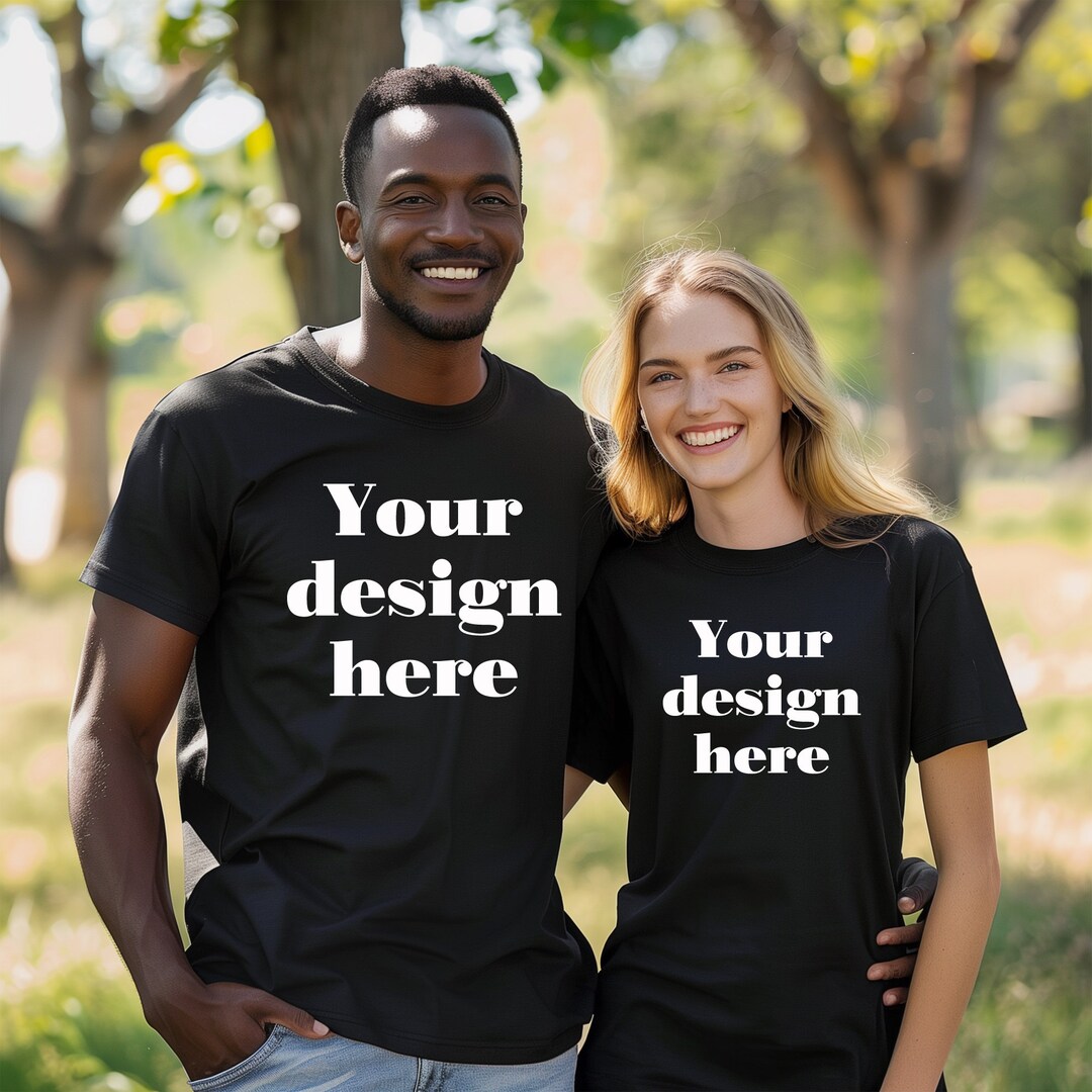 Interracial Couple Black T-shirt Mockup Male Female Simple Tee Mockups ...