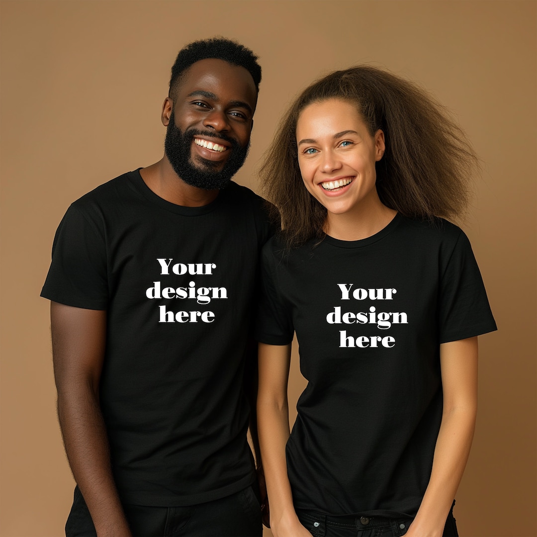 Interracial Couple Black T-shirt Mockup Male Female Simple Tee Mockups ...