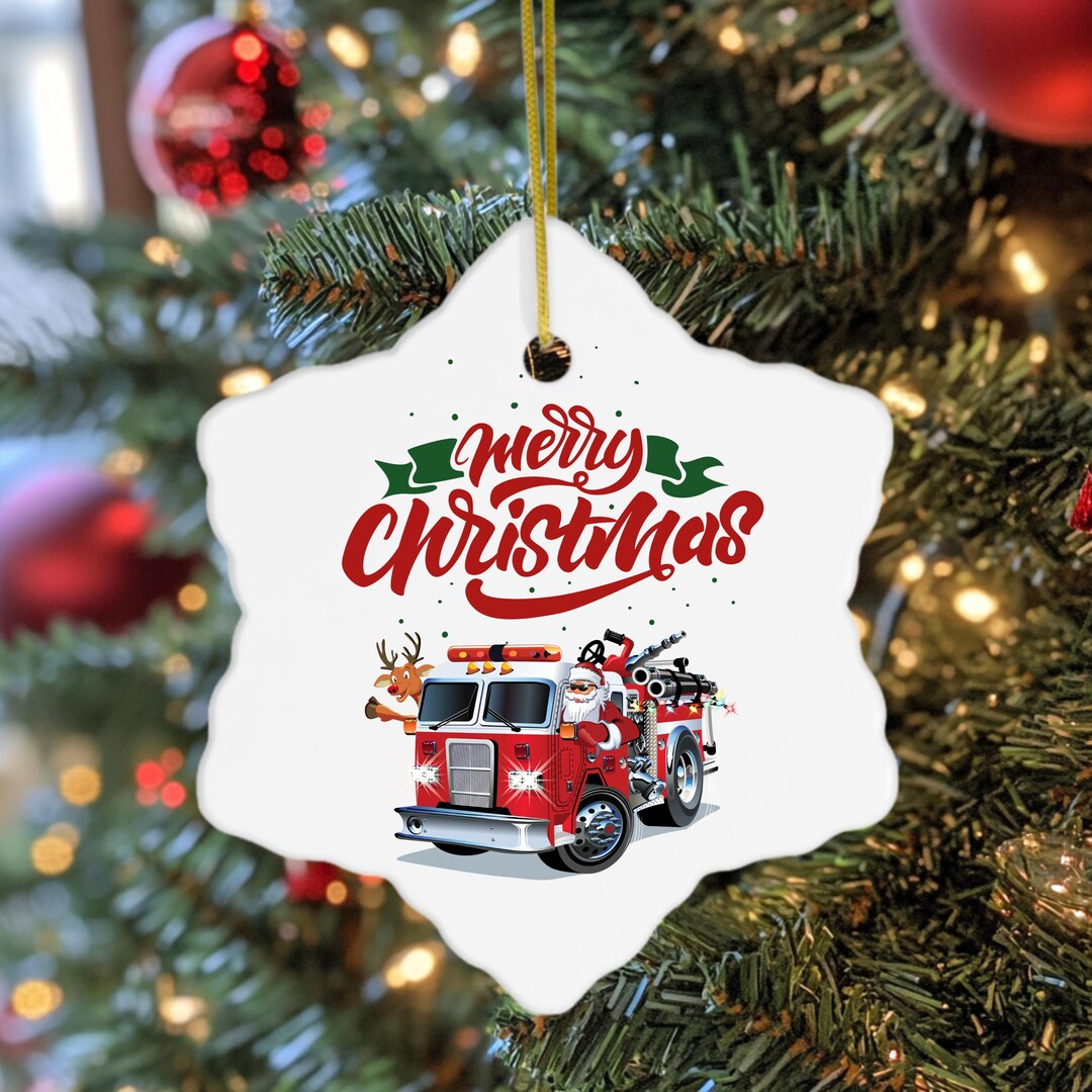 Christmas Firetruck Ceramic Ornament, 2-side Print, Xmas Ornament, Gift ...