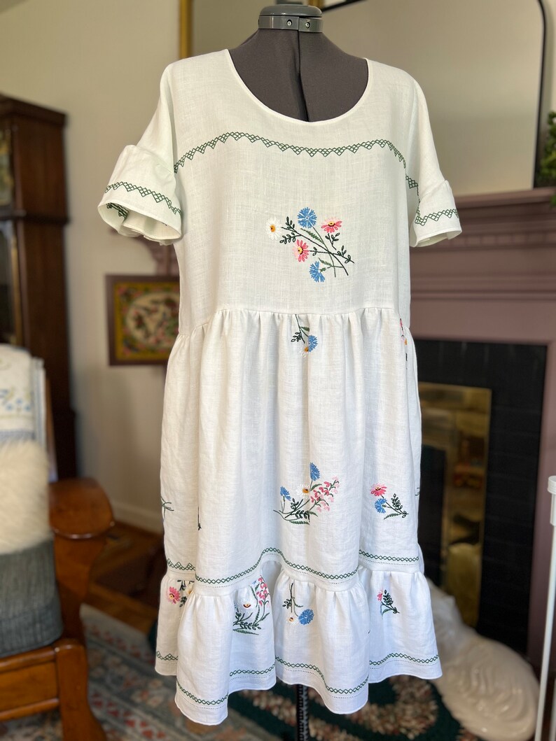 Vintage Linen Tablecloth Dress / Hand-embroidered Wildflowers /womens ...