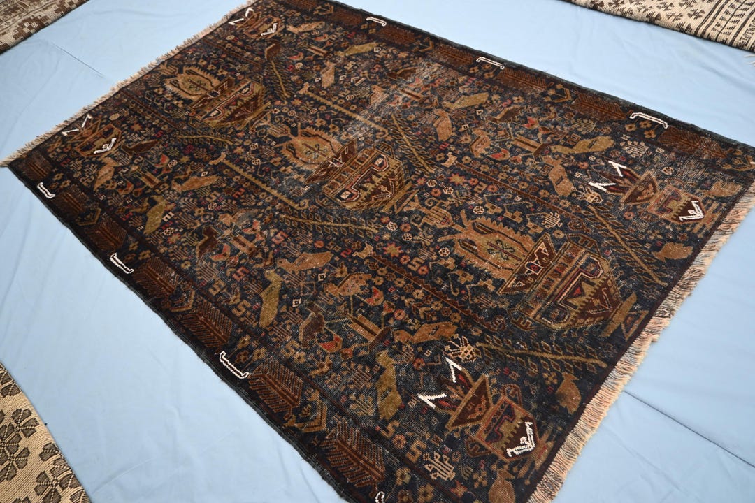 4'10x6'11 Ft Vintage Pictorial Rug Tribal Dark Afghan Pictorial Rug ...