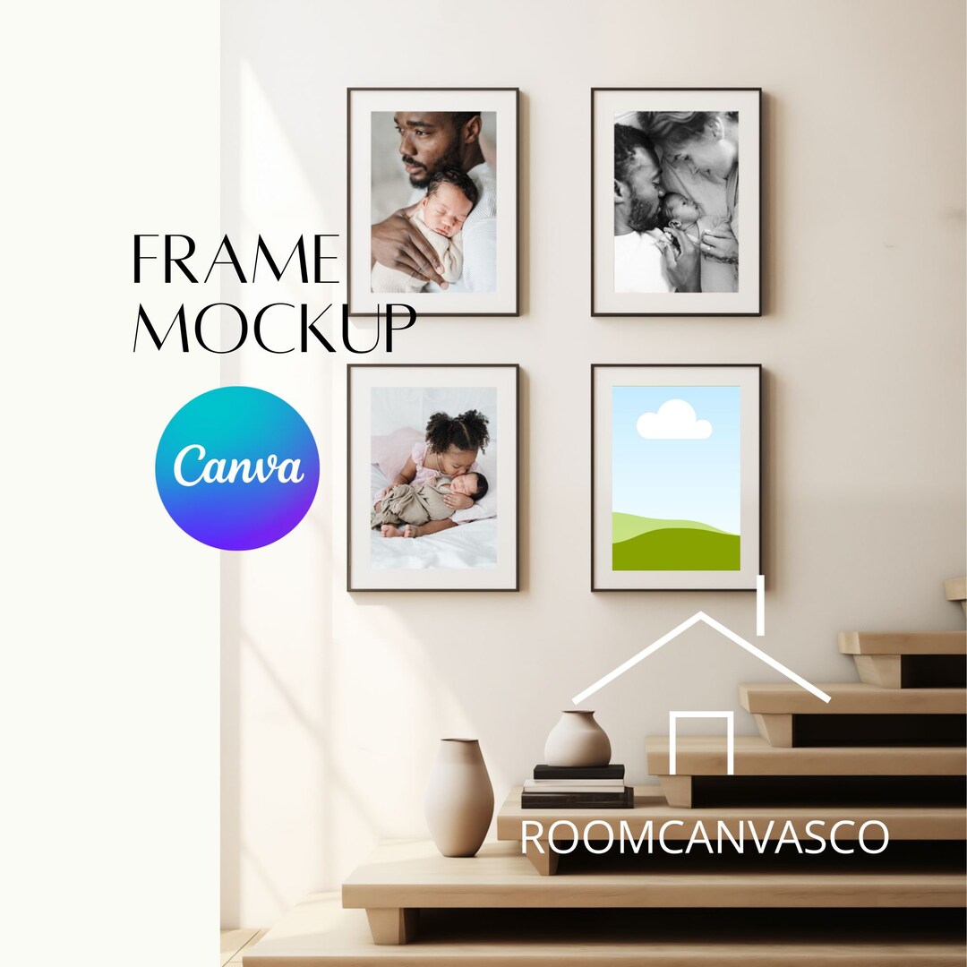 4 Prints Framed Room Mockup CANVA Template Staircase House Digital ...