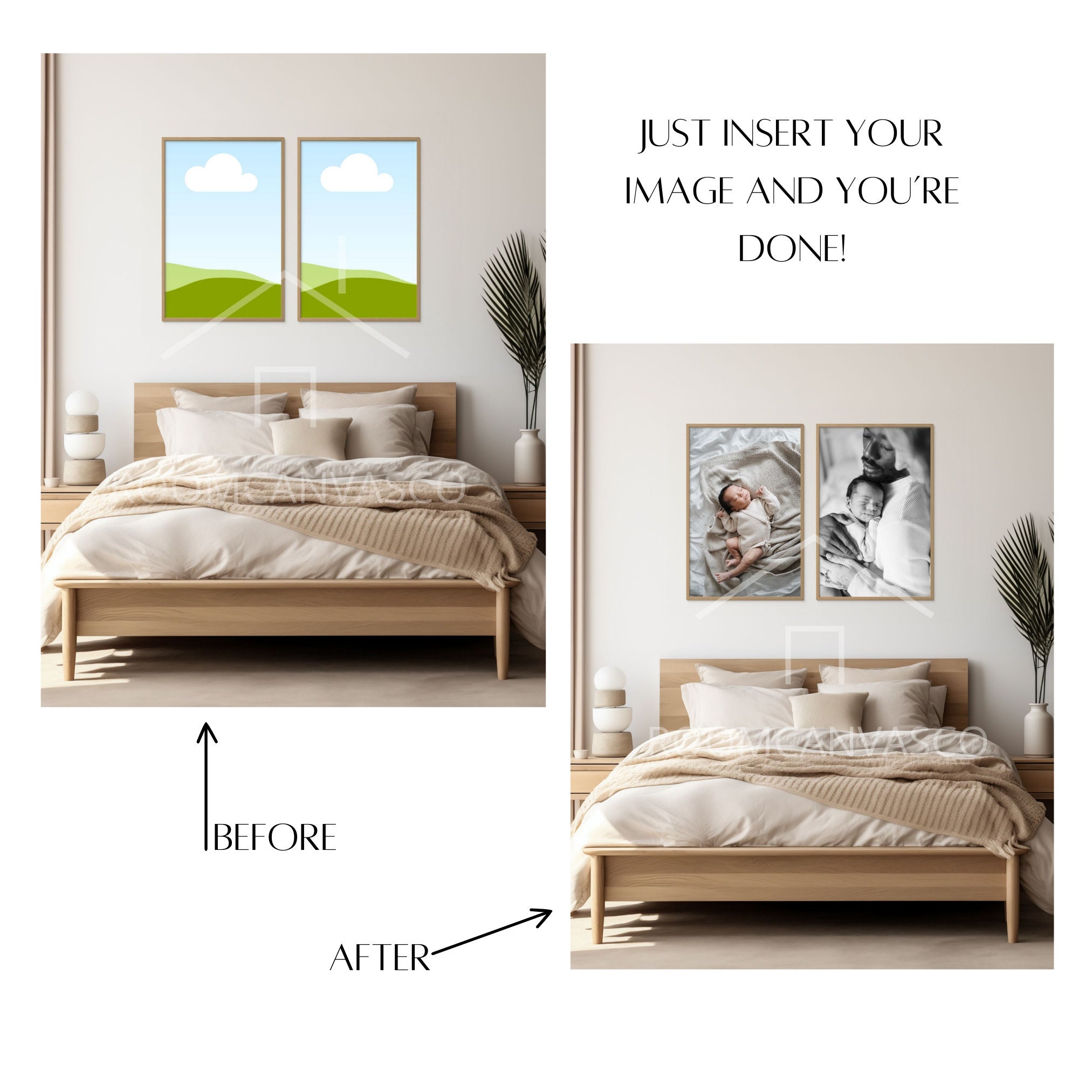 2 Prints Framed Room Mockup CANVA Template Bedroom Digital Download for ...
