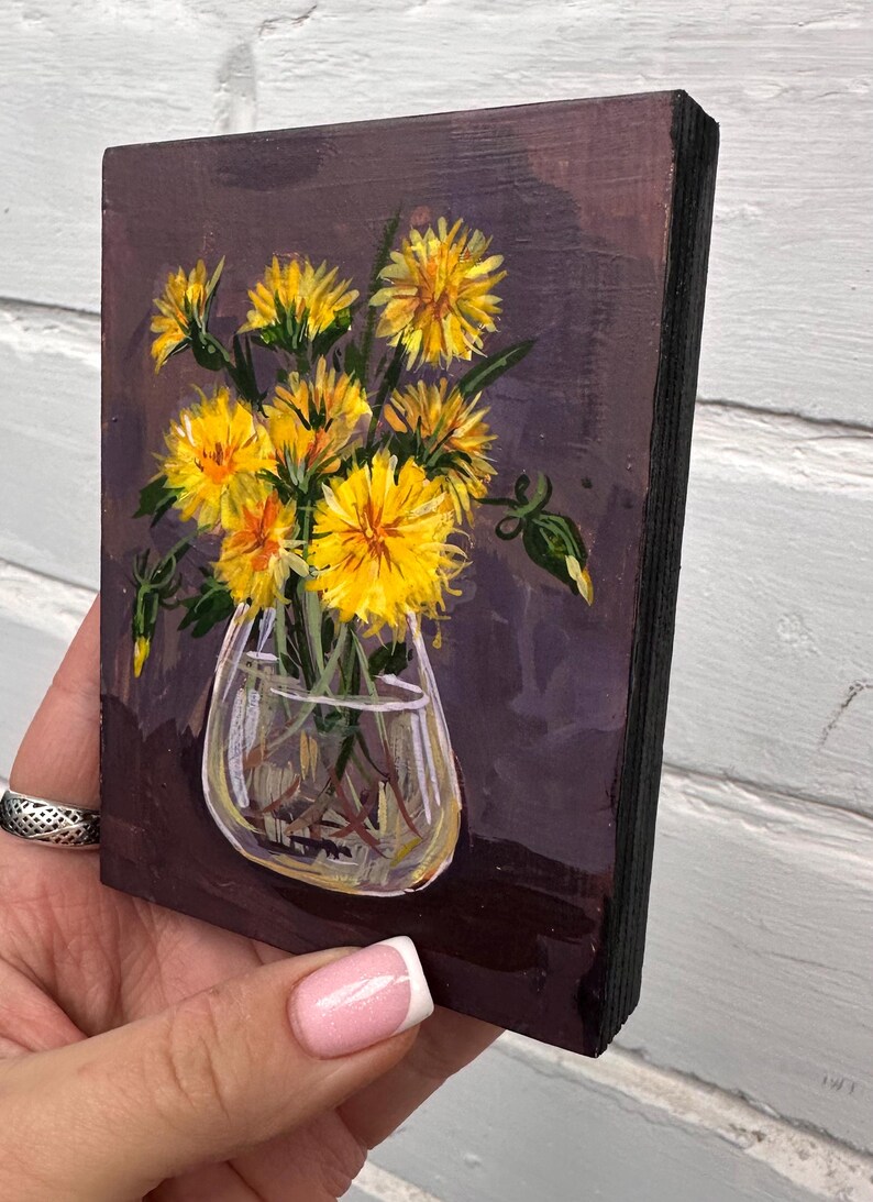 Mini Dandelion Painting on Plywood | Hand-painted Gouache Art | Nature ...